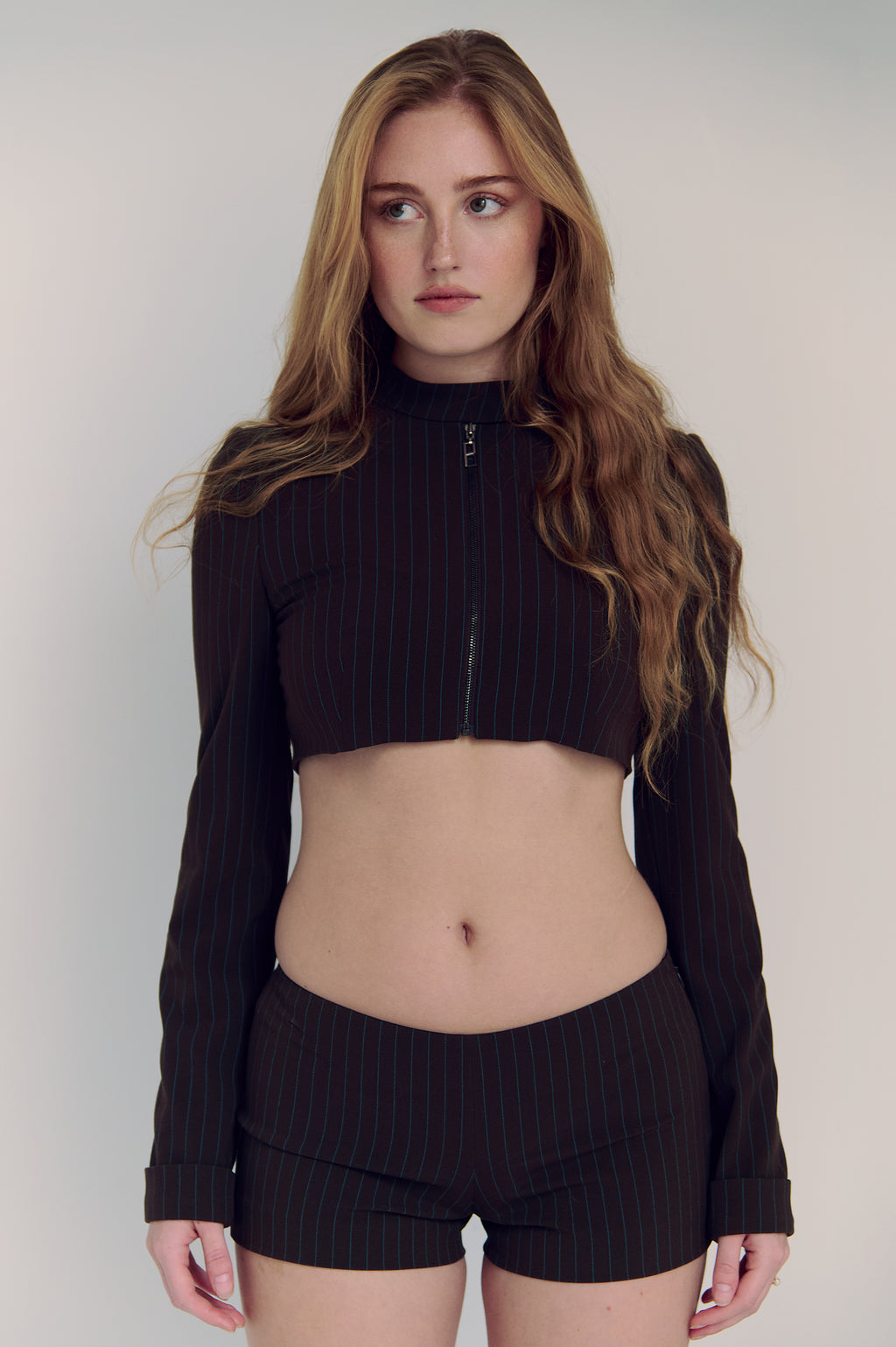 The Cropped Harlow Jacket in Brown Pinstripe – Amoy New York